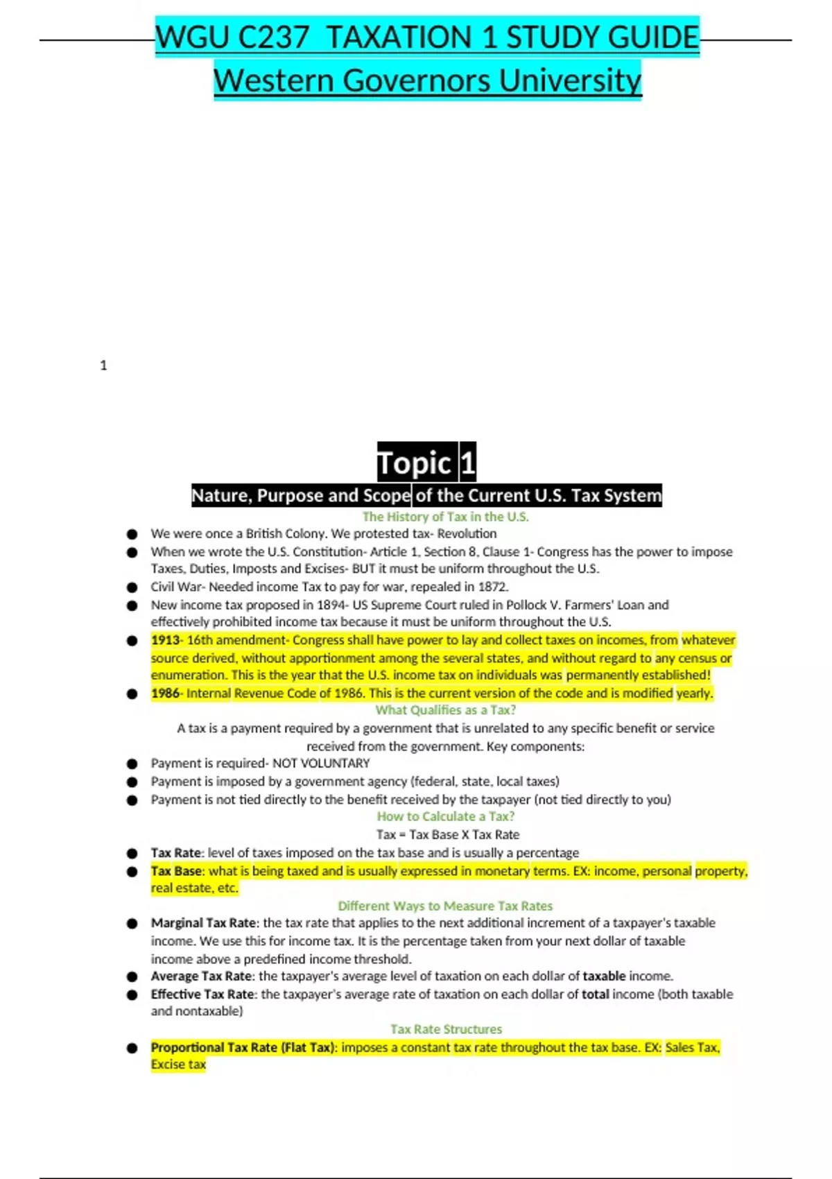 WGU C237 TAXATION 1 STUDY GUIDE Western Governors University - C237 ...