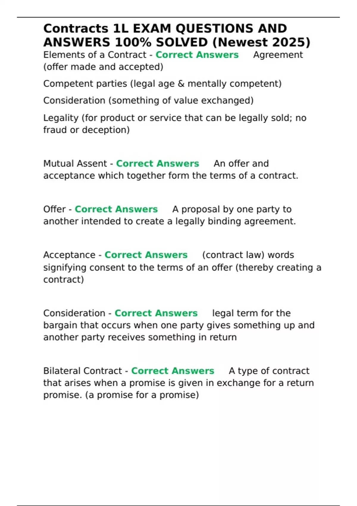 Summary Contracts 1L EXAM QUESTIONS AND ANSWERS 100- SOLVED (Newest ...