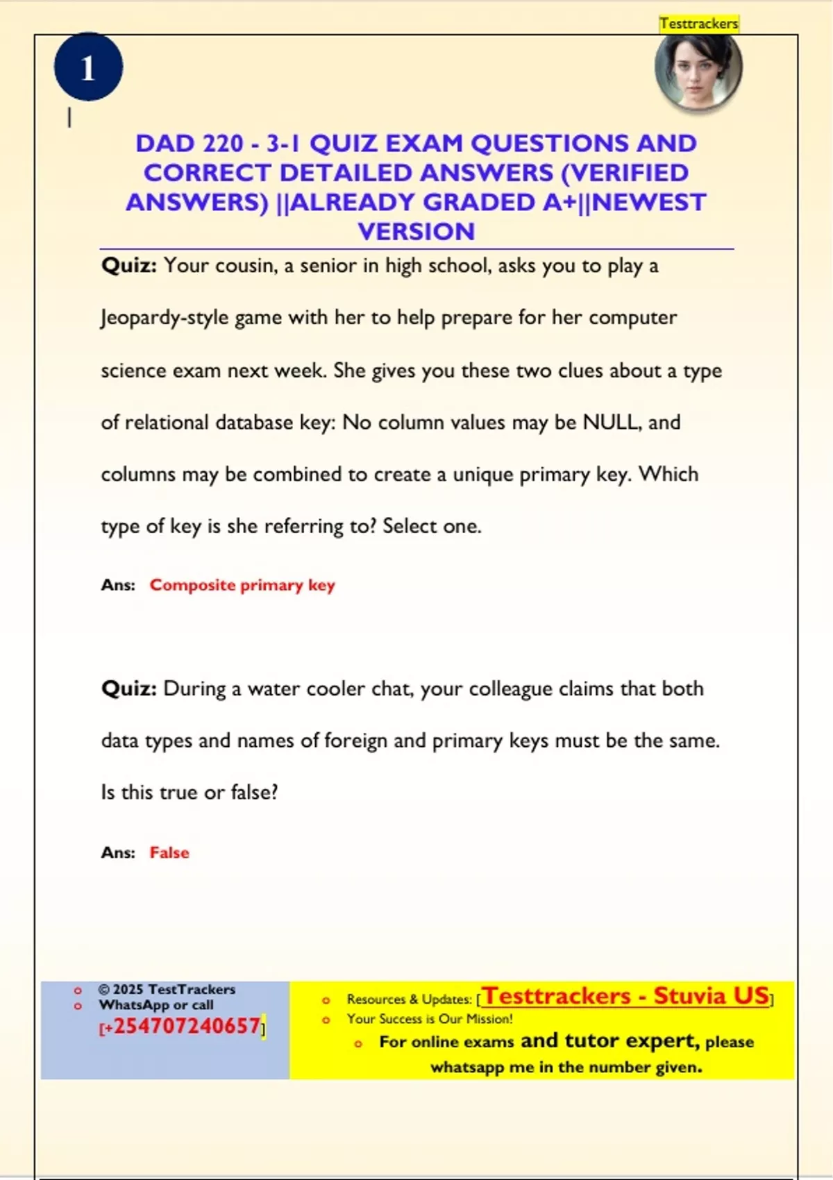 DAD 220 - 3-1 QUIZ EXAM QUESTIONS AND CORRECT DETAILED ANSWERS ...