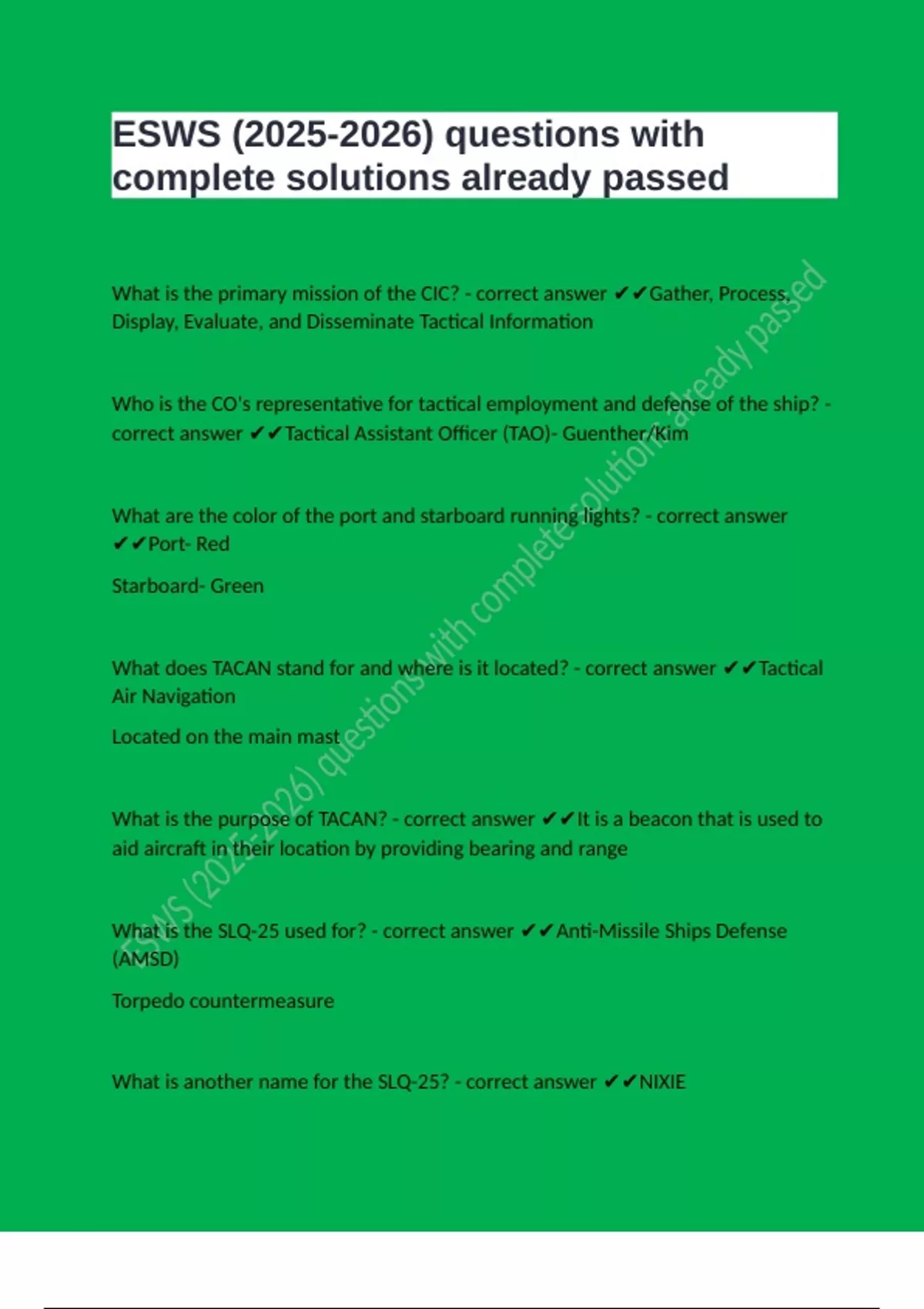 ESWS () questions with complete solutions already passed - ESWS - Stuvia US