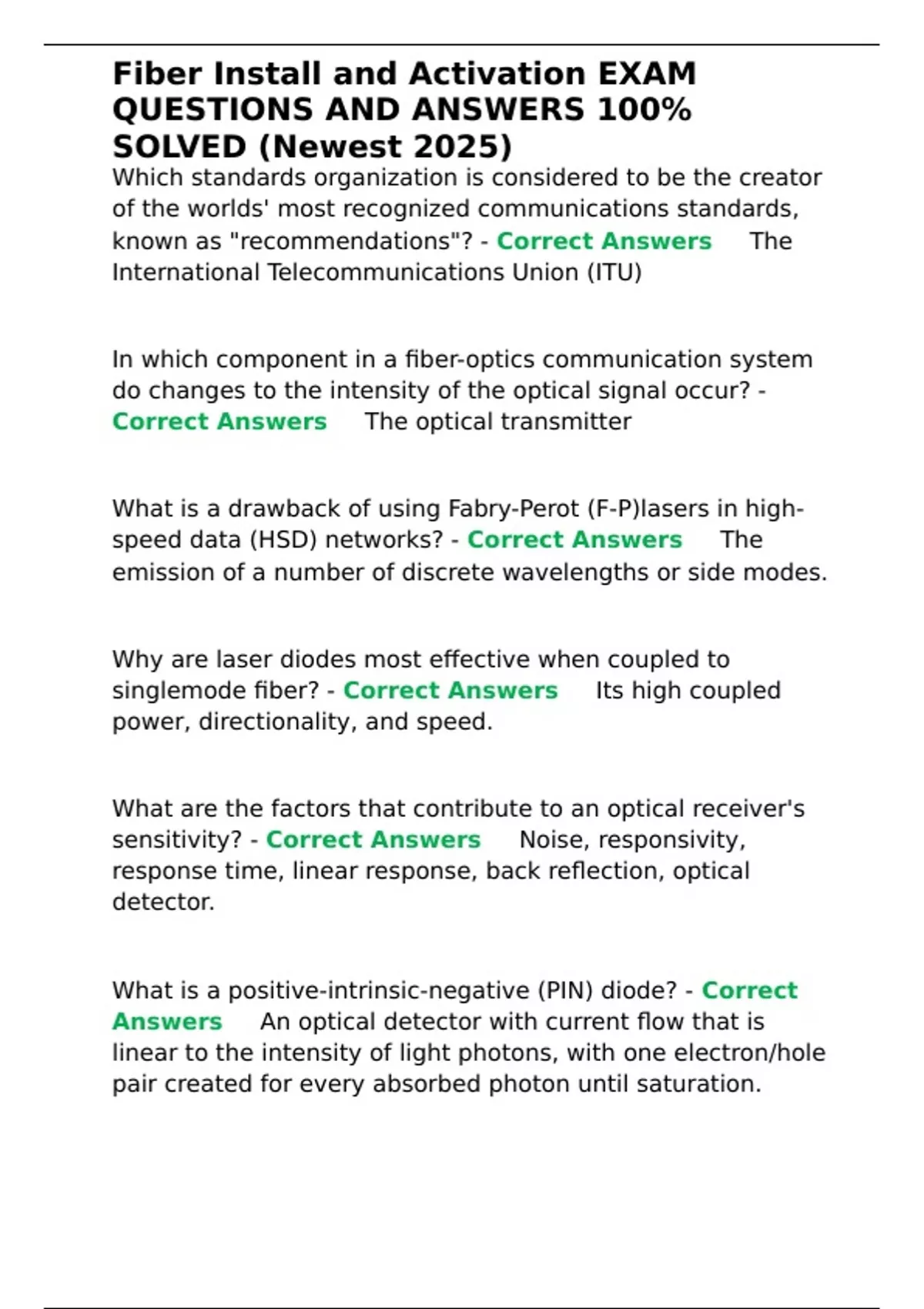 Fiber Install and Activation EXAM QUESTIONS AND ANSWERS 100- SOLVED ...