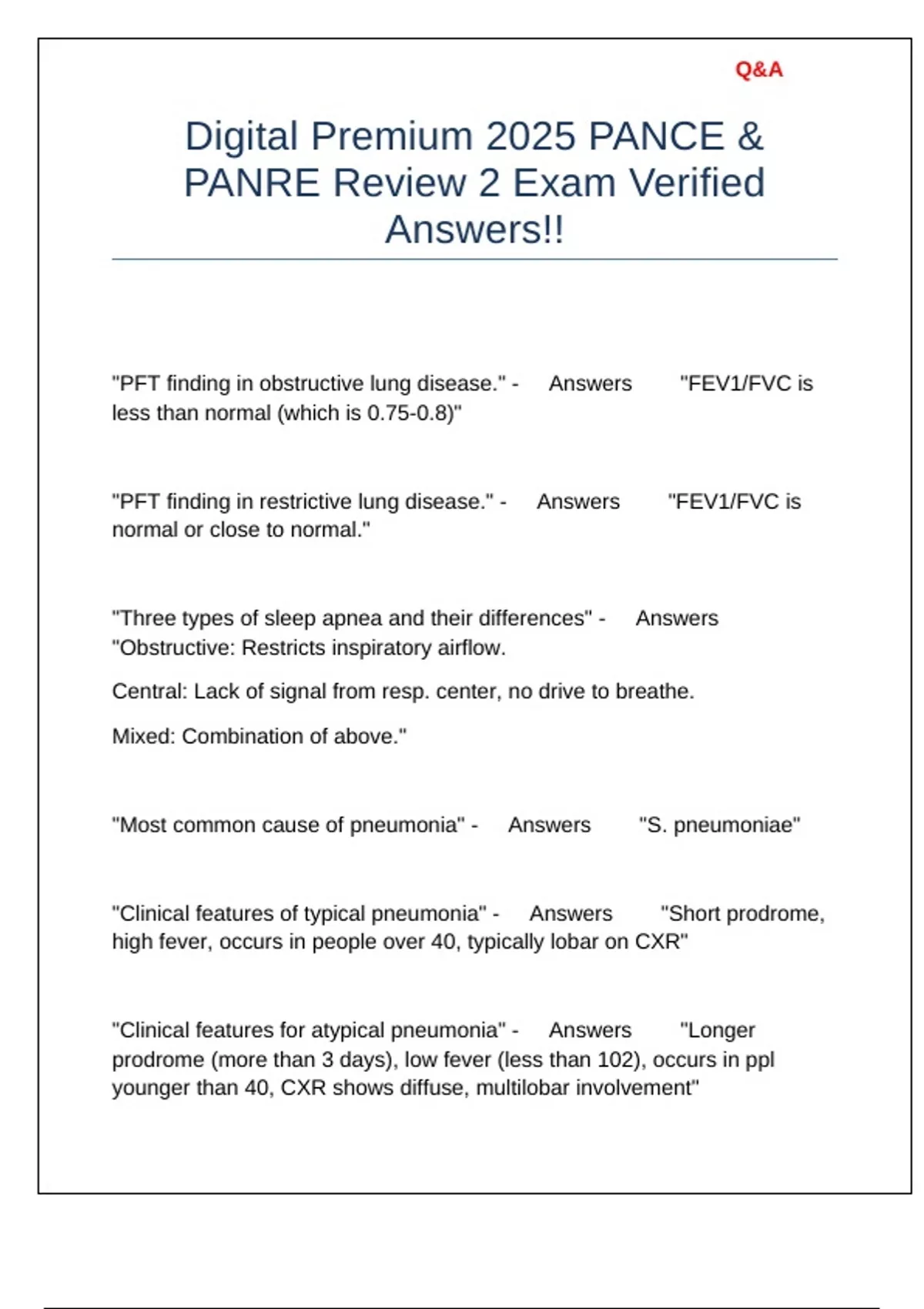 Digital Premium 2025 PANCE & PANRE Review 2 Exam Verified Answers ...