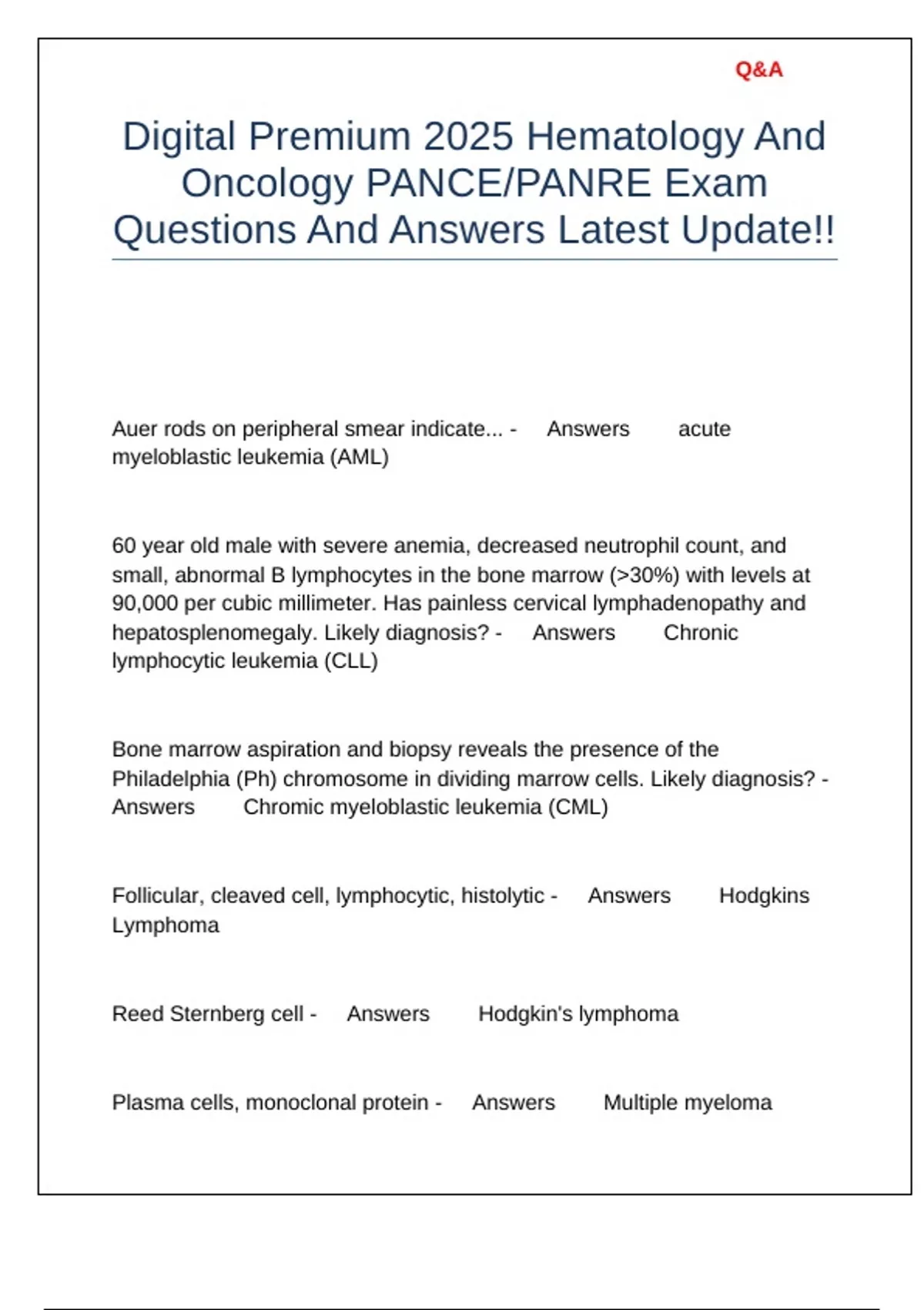 Digital Premium 2025 Hematology And Oncology PANCE PANRE Exam Questions ...