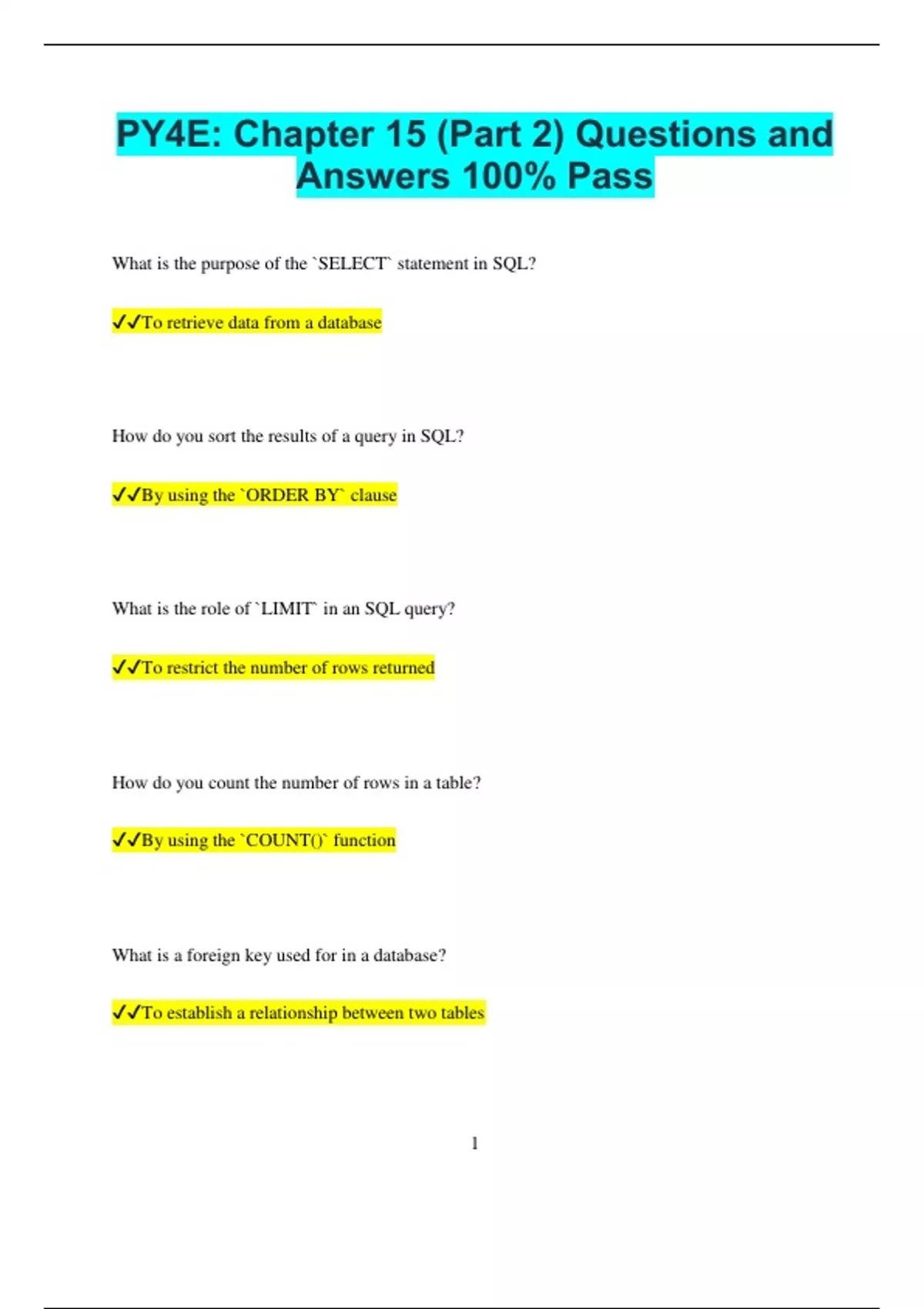PY4E: Chapter 15 (Part 2) Questions and Answers 100% Pass - PY4E: Chapter 15 - Stuvia US