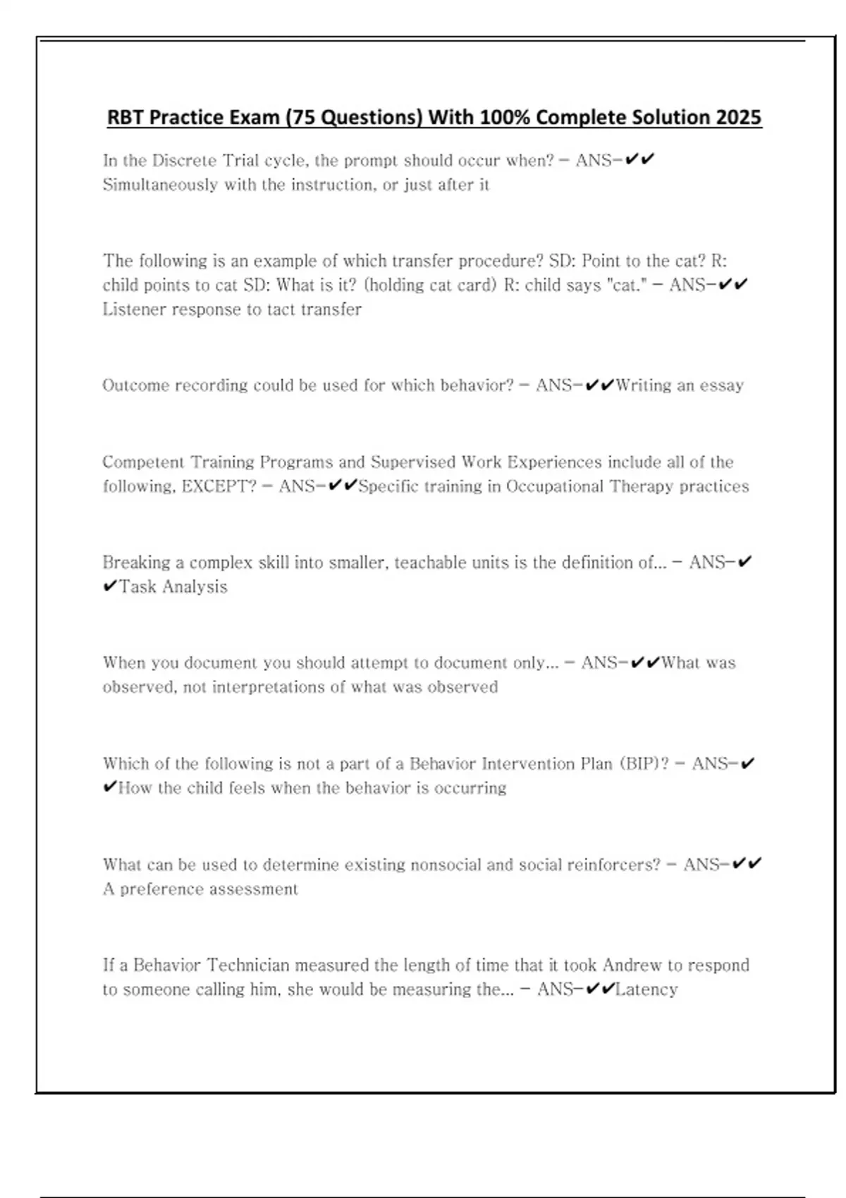 RBT Practice Exam (75 Questions) With 100% Complete Solution 2025 - RBT ...