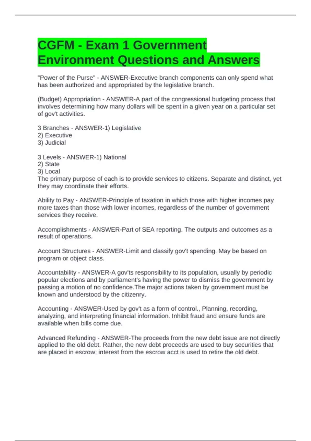 CGFM - Exam 1 Government Environment Questions and Answers - CGFM ...