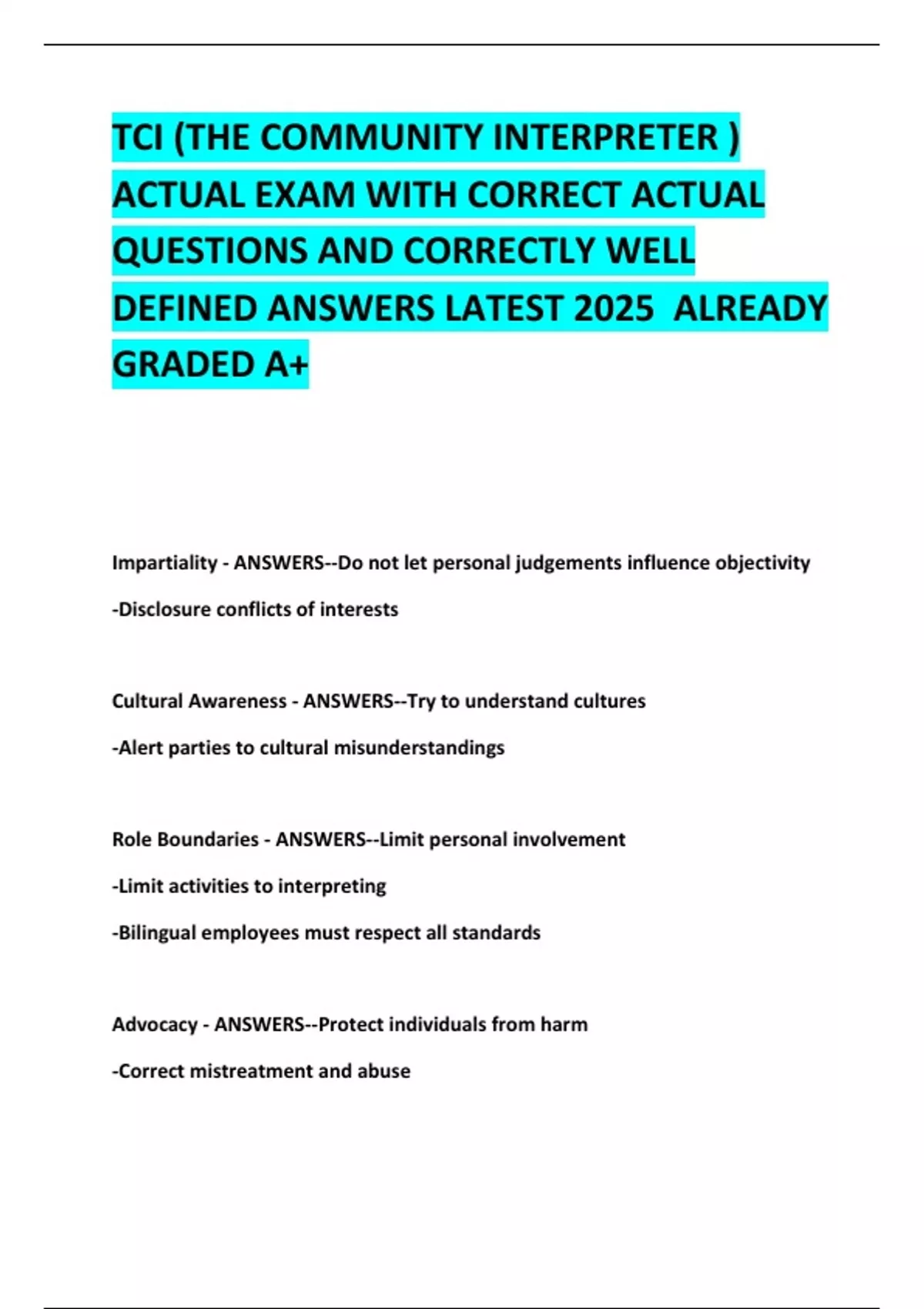 TCI (THE COMMUNITY INTERPRETER ) ACTUAL EXAM WITH CORRECT ACTUAL ...