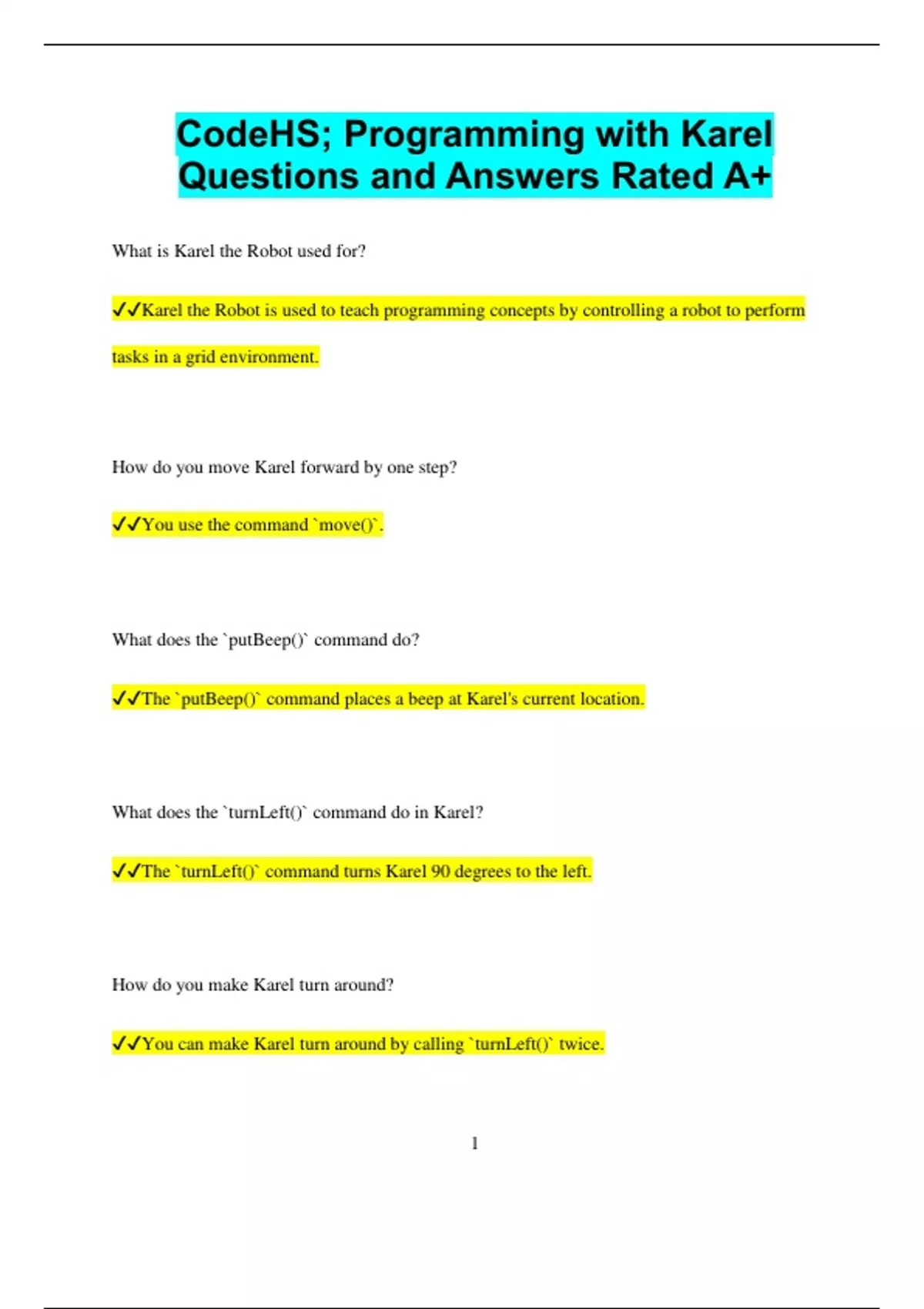 CodeHS; Programming with Karel Questions and Answers Rated A+ - CodeHS; Programming with Karel ...