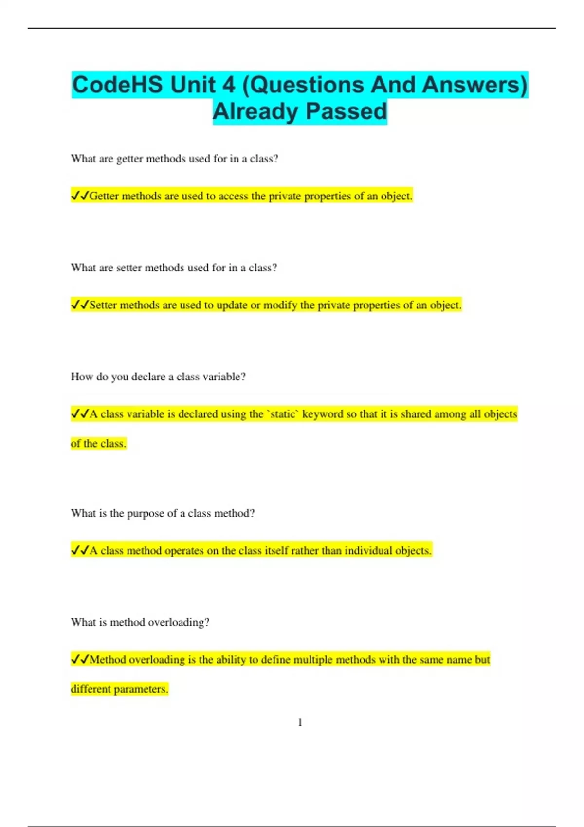 CodeHS Unit 4 (Questions And Answers) Already Passed - CodeHS Unit 4 - Stuvia US