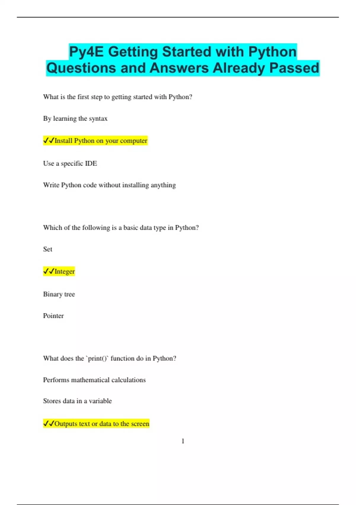 Py4E Getting Started with Python Questions and Answers Already Passed - Py4E Getting Started ...