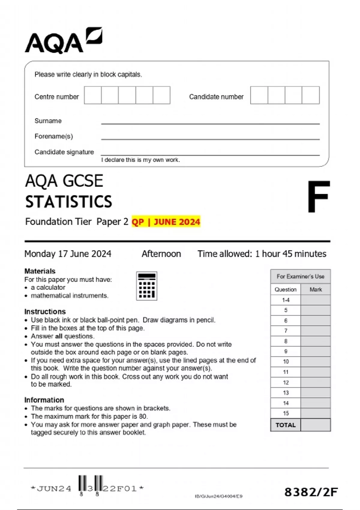 AQA GCSE STATISTICS Foundation Tier Paper 2 QP | JUNE 2024 - AQA A ...
