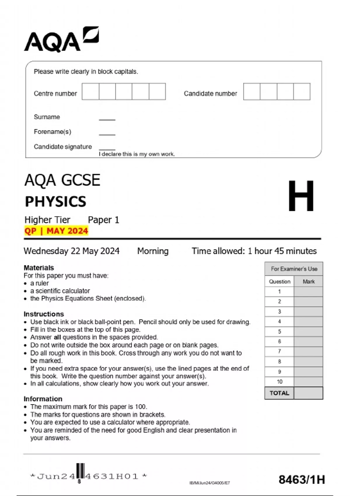 AQA GCSE PHYSICS Higher Tier Paper 1 QP | MAY 2024 - AQA A-level & AS ...