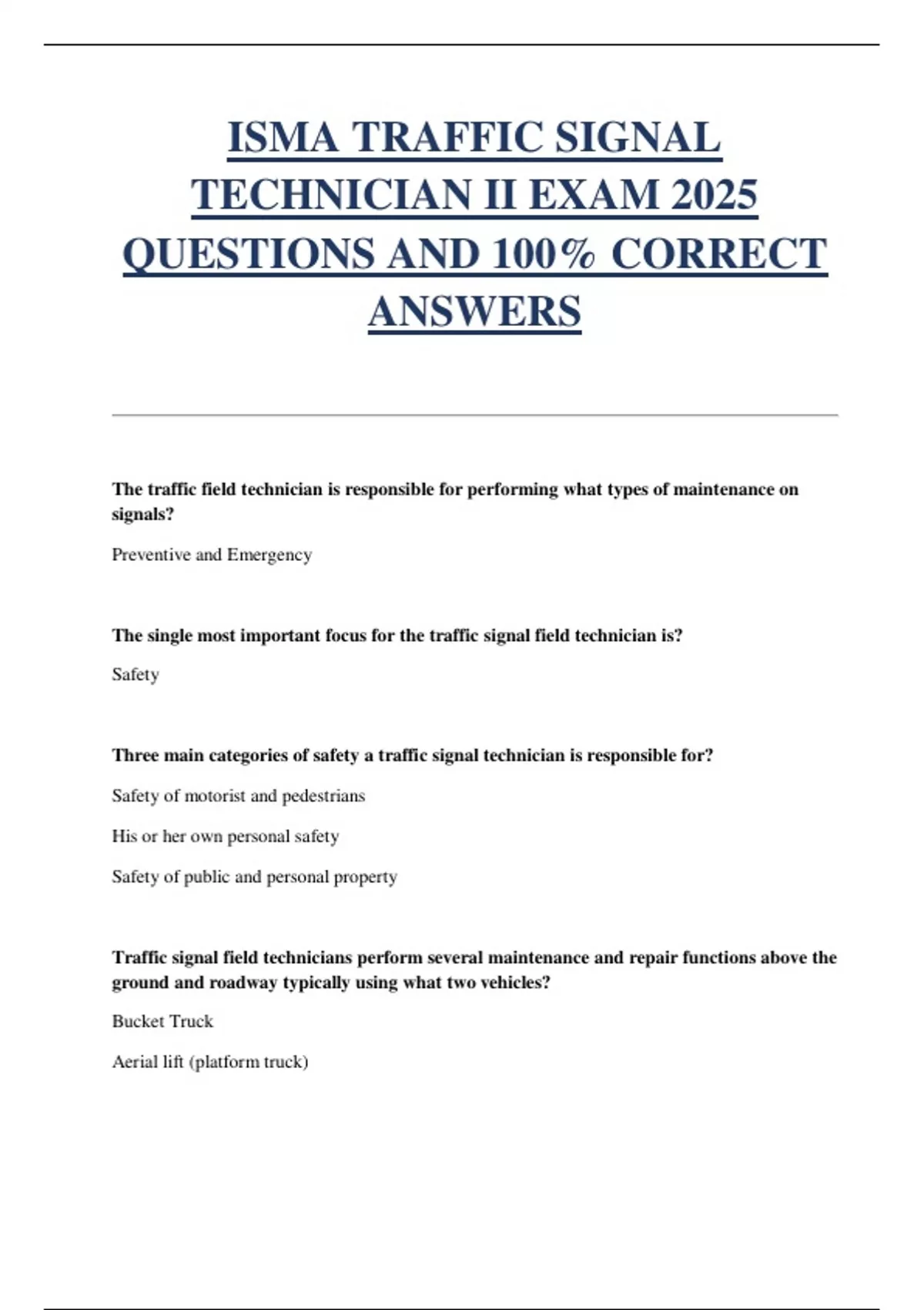 ISMA TRAFFIC SIGNAL TECHNICIAN II EXAM 2025 QUESTIONS AND 100% CORRECT ...