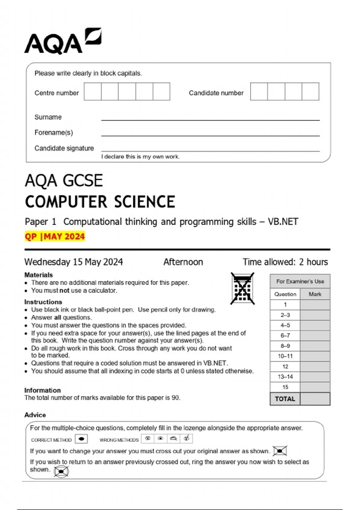 Aqa Gcse Computer Science Paper 1 Computational Thinking And Programming Skills Vbnet Qp May