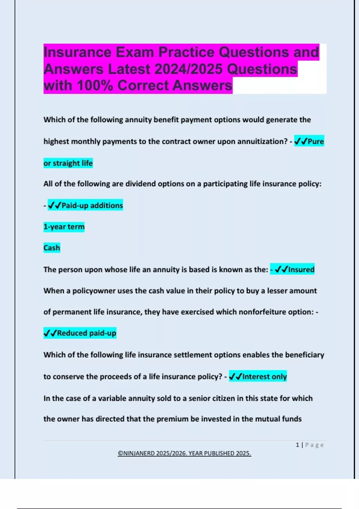 Insurance Exam Practice Questions and Answers Latest 2024/2025 ...
