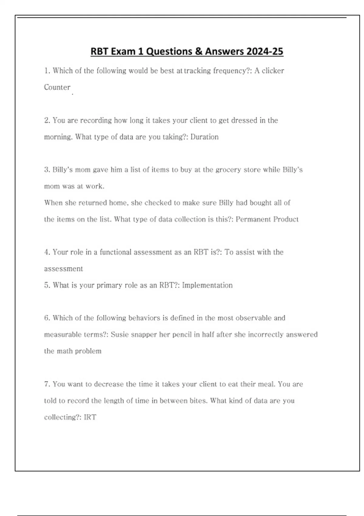 RBT Exam 1 Questions & Answers 2024-25 - Rbt - Stuvia US