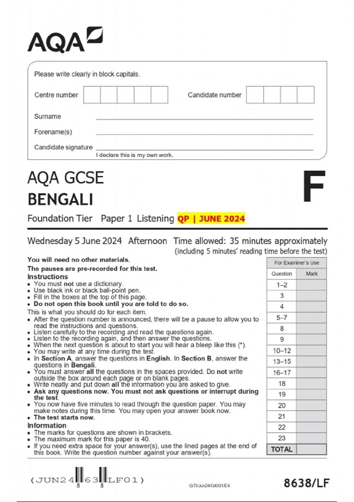 AQA GCSE BENGALI Foundation Tier Paper 1 Listening QP | JUNE 2024 - AQA ...