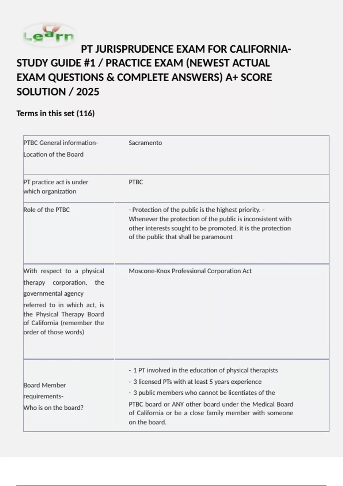 PT JURISPRUDENCE EXAM FOR CALIFORNIA- STUDY GUIDE #1 / PRACTICE EXAM ...