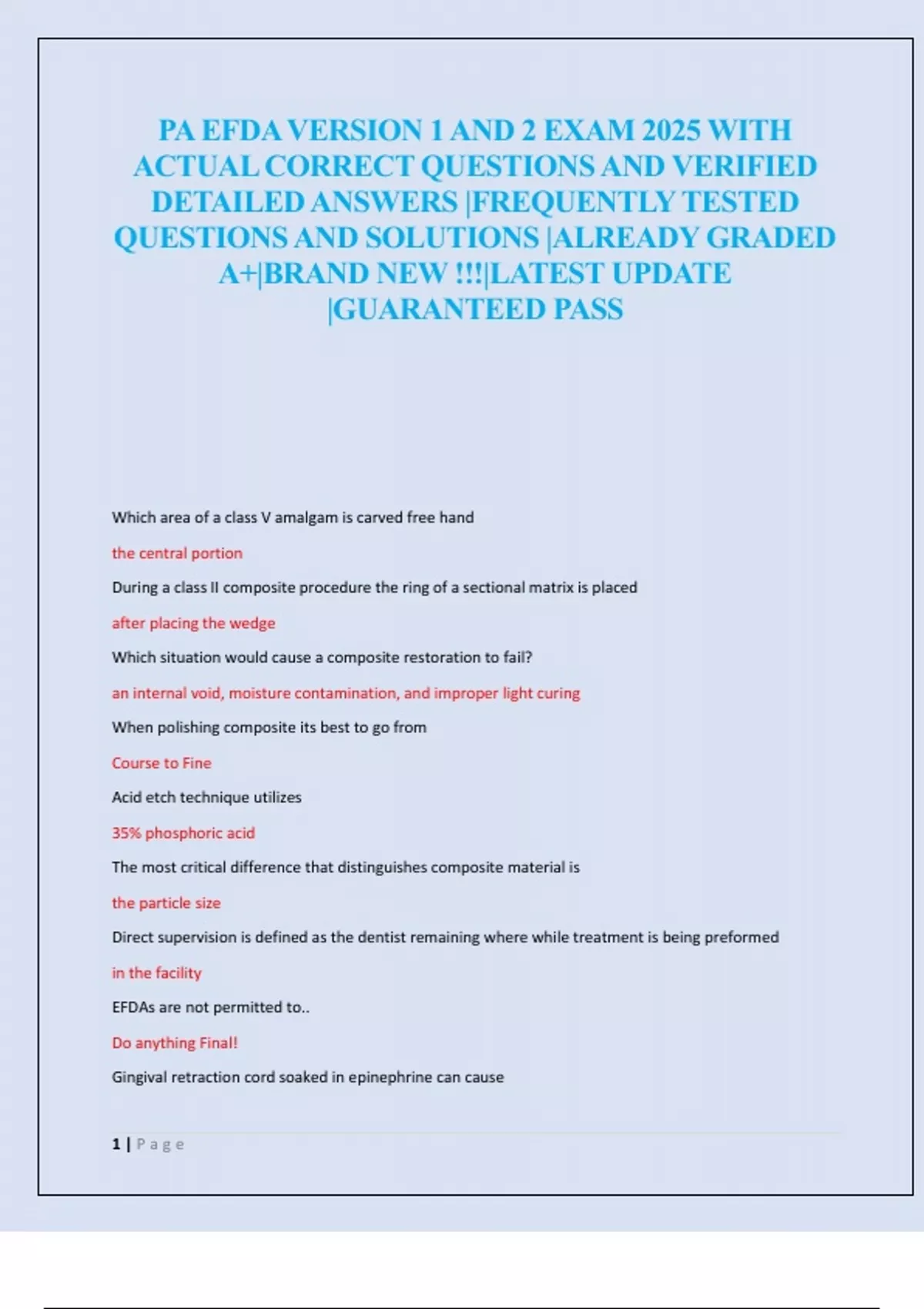 PA EFDA VERSION 1 AND 2 EXAM 2025 WITH ACTUAL CORRECT QUESTIONS AND ...