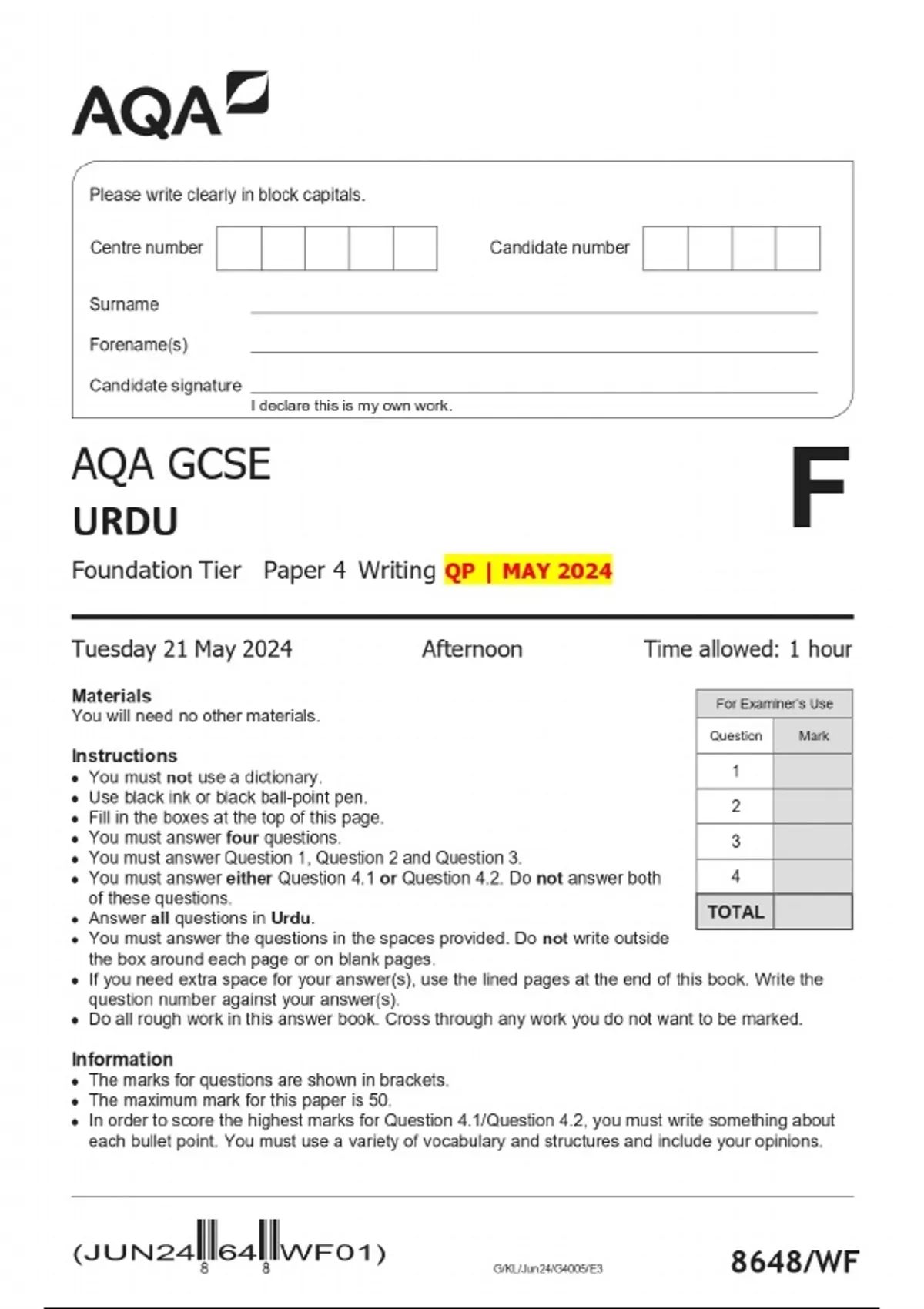 AQA GCSE URDU Foundation Tier Paper 4 Writing QP | MAY 2024 - AQA A ...