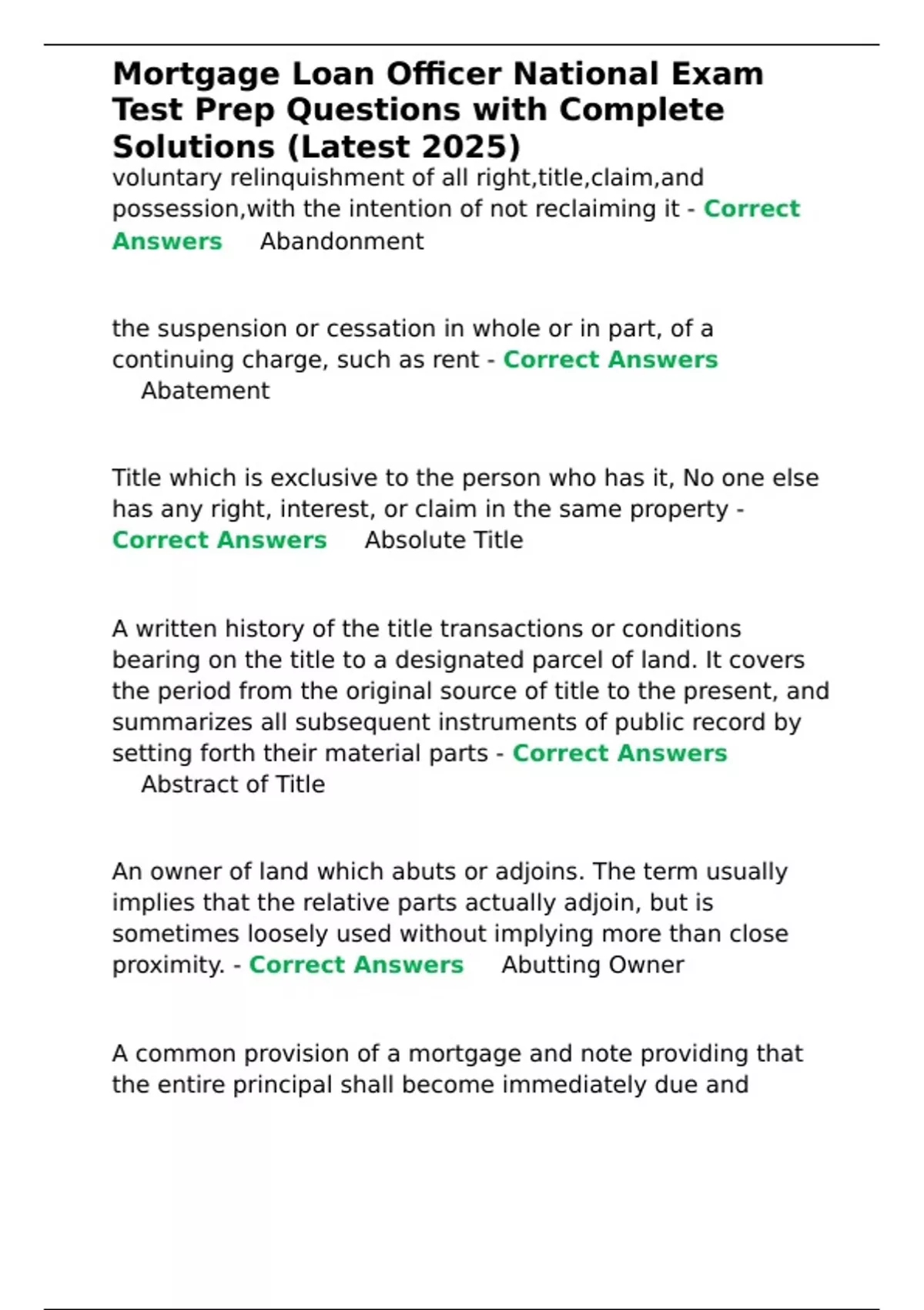 Mortgage Loan Officer National Exam Test Prep Questions with Complete ...
