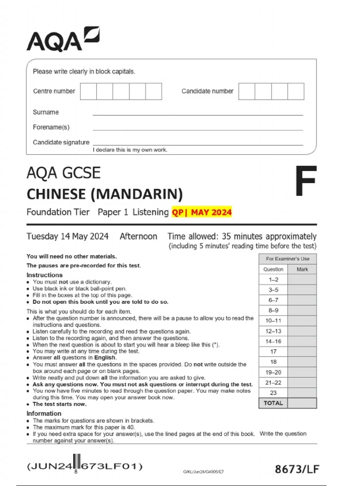 AQA GCSE CHINESE (MANDARIN) Foundation Tier Paper 1 Listening QP| MAY ...