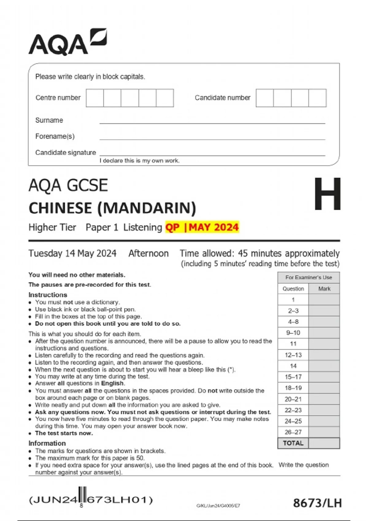 AQA GCSE CHINESE (MANDARIN) Higher Tier Paper 1 Listening QP |MAY 2024 ...