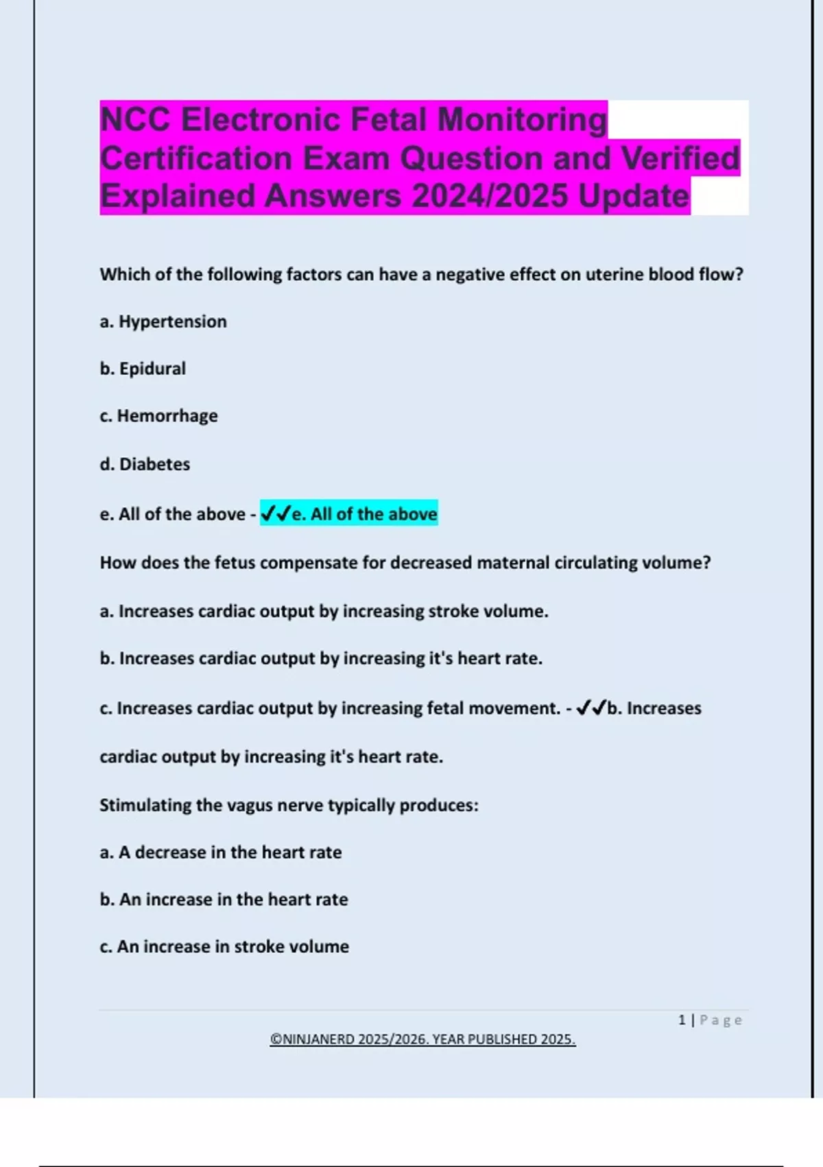 NCC Electronic Fetal Monitoring Certification Exam Question and Verified Explained Answers 2024/ ...