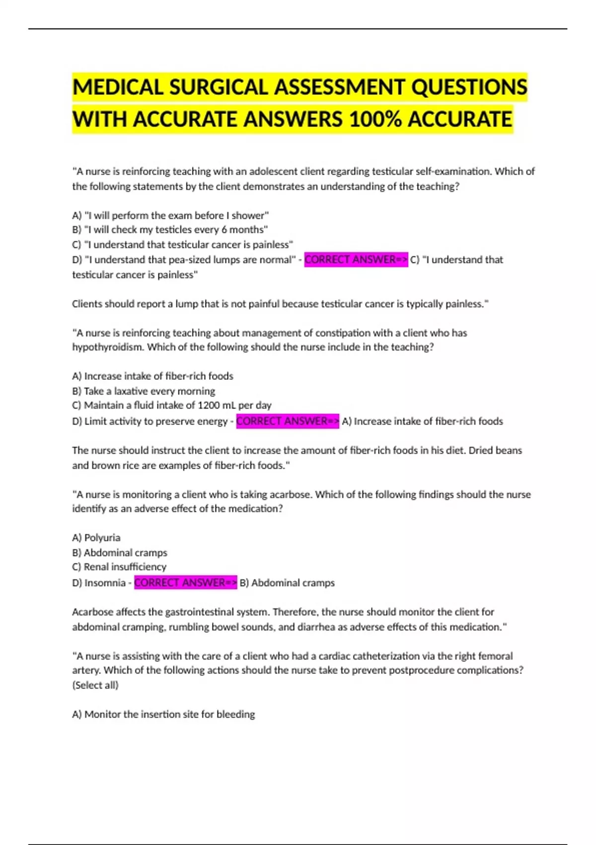 MEDICAL SURGICAL ASSESSMENT QUESTIONS WITH ACCURATE ANSWERS 100% ...