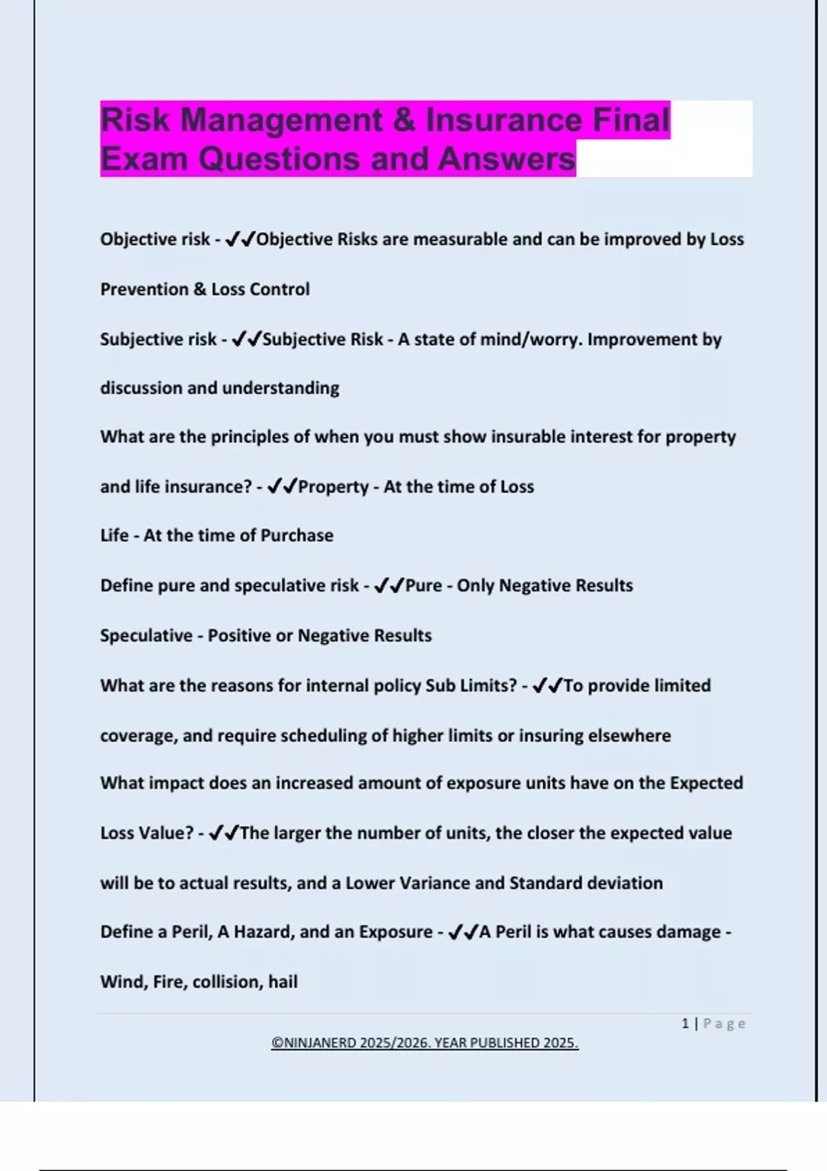 RISK MANAGEMENT EXAM PACKAGE DEAL QUESTIONS AND VERIFIED DETAILED ...