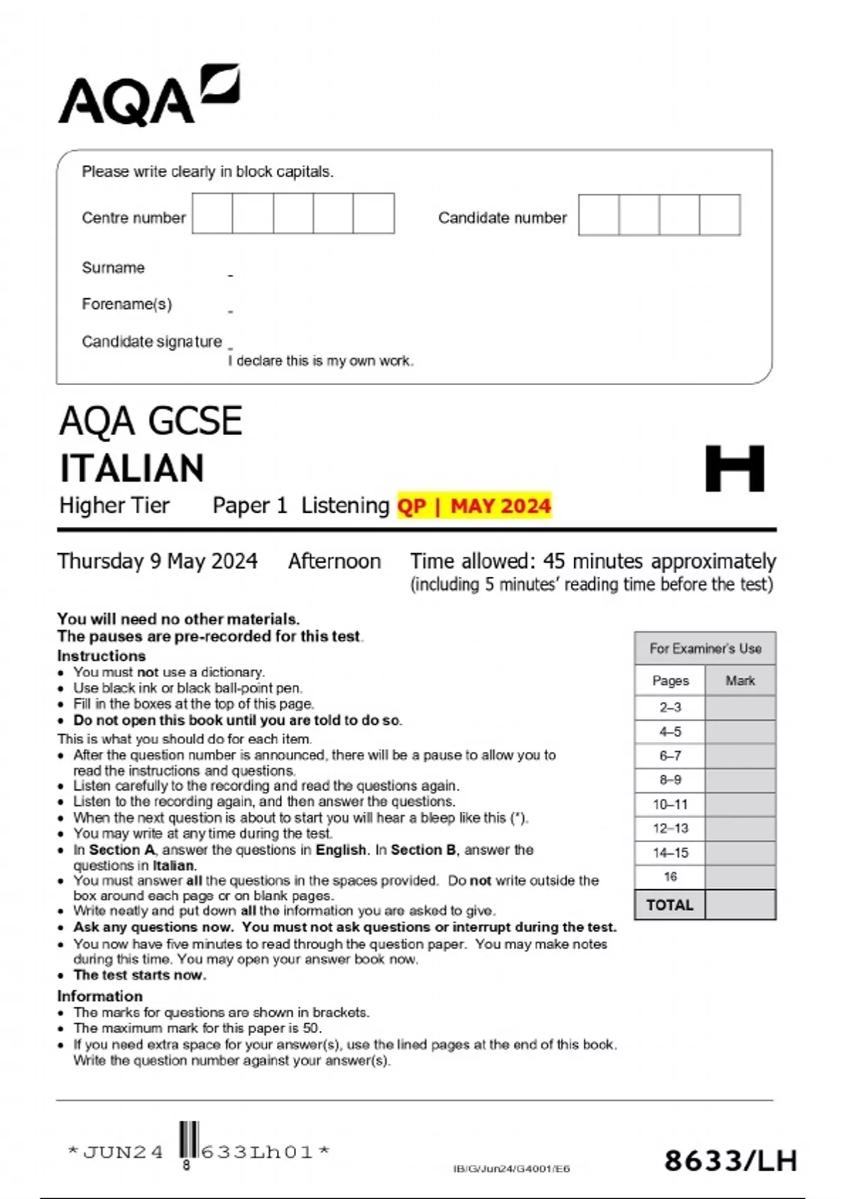 AQA GCSE ITALIAN HHigher Tier Paper 1 Listening QP | MAY 2024 - Aqa ...