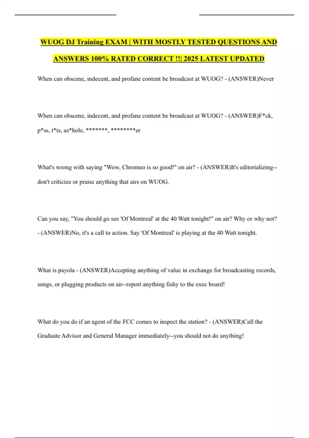 WUOG DJ Training EXAM | WITH MOSTLY TESTED QUESTIONS AND ANSWERS 100% ...