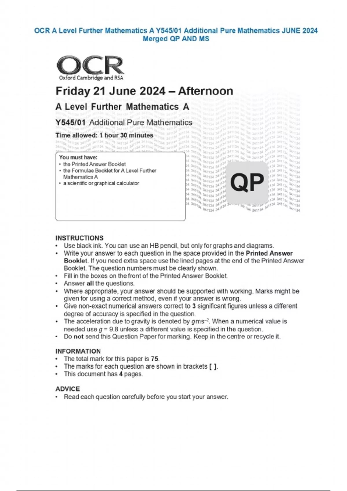 OCR A Level Further Mathematics A Y545/01 Additional Pure Mathematics ...