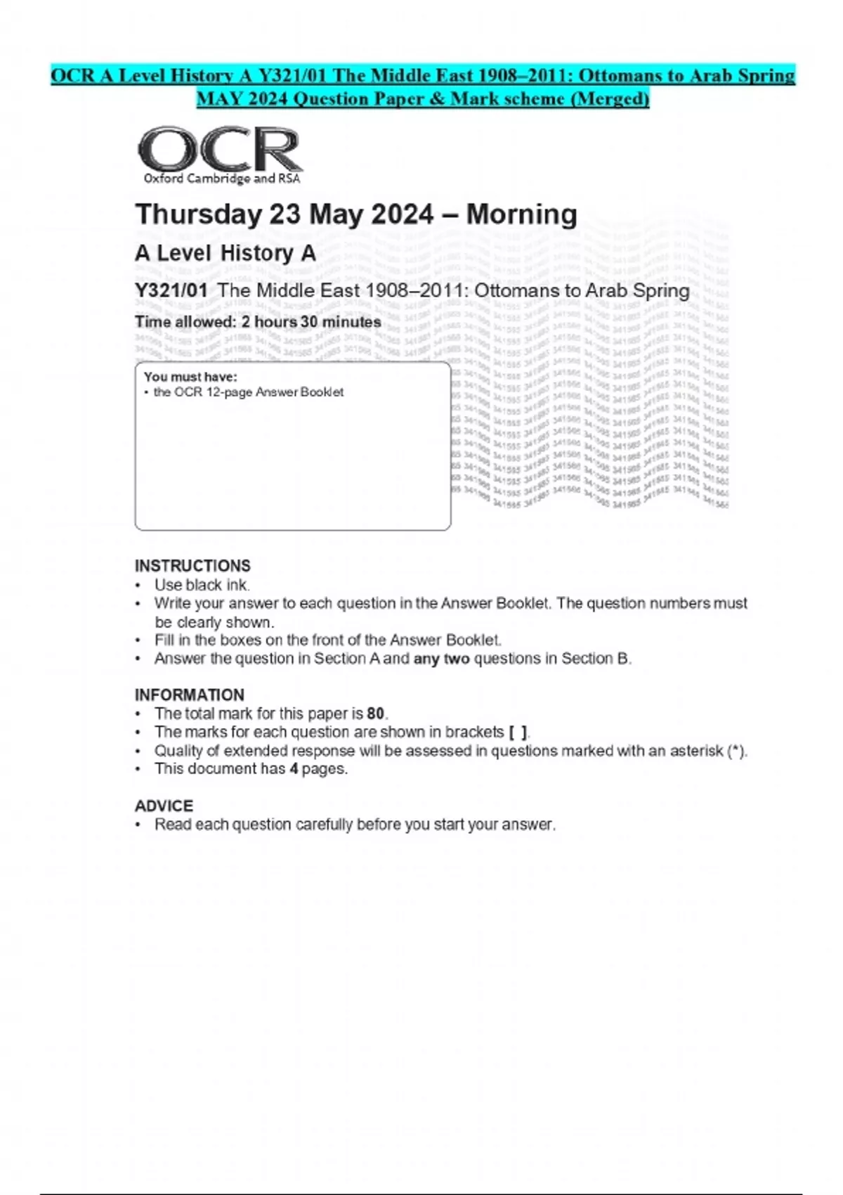 OCR A Level History A Y321/01 The Middle East 1908–2011: Ottomans to Arab Spring MAY 2024 ...