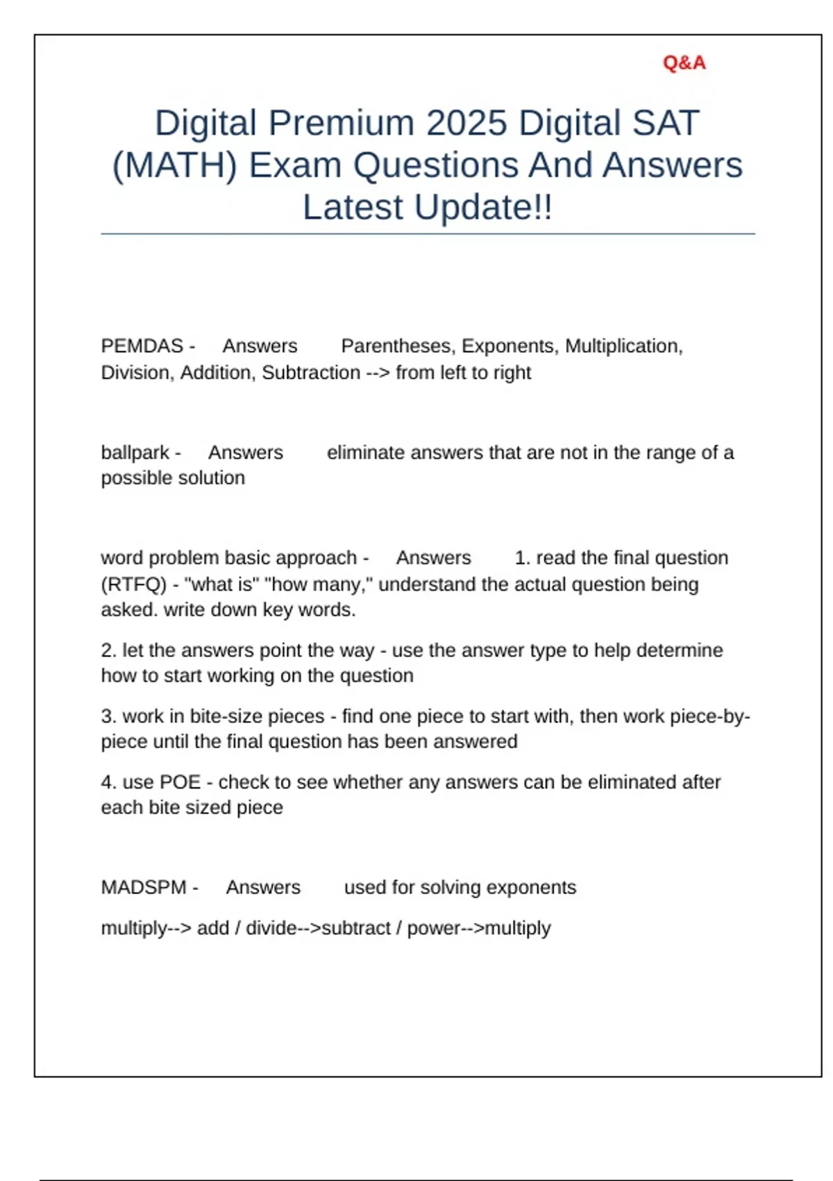 Digital Premium 2025 Digital SAT (MATH) Exam Questions And Answers ...