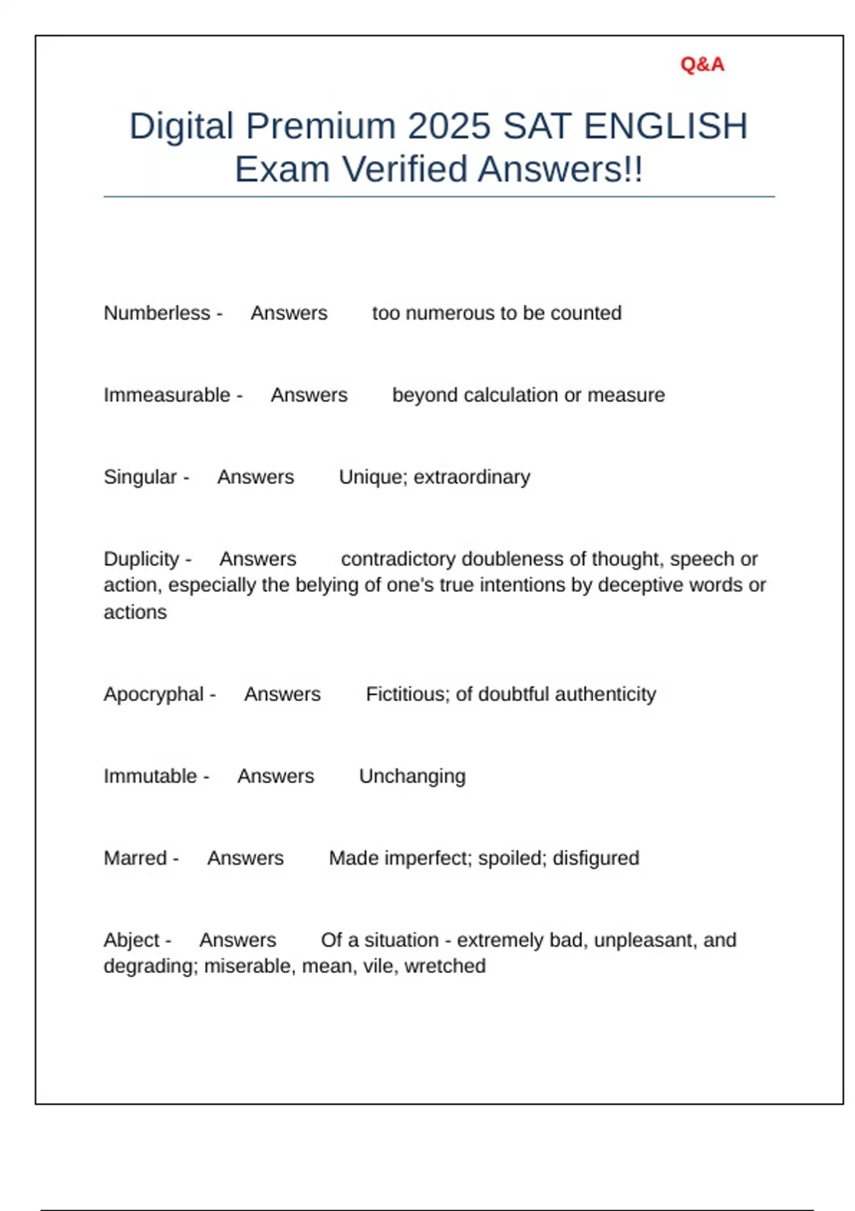 Digital Premium 2025 SAT ENGLISH Exam Verified Answers!! - SAT - Stuvia US