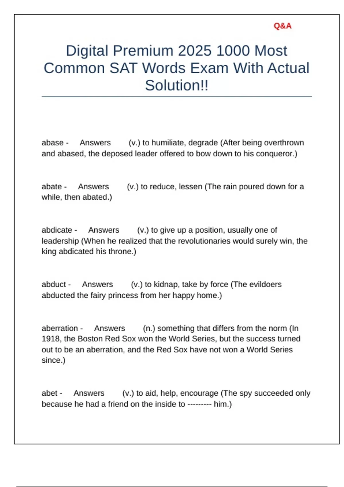 Digital Premium Most Common SAT Words Exam With Actual Solution!! - SAT - Stuvia UK