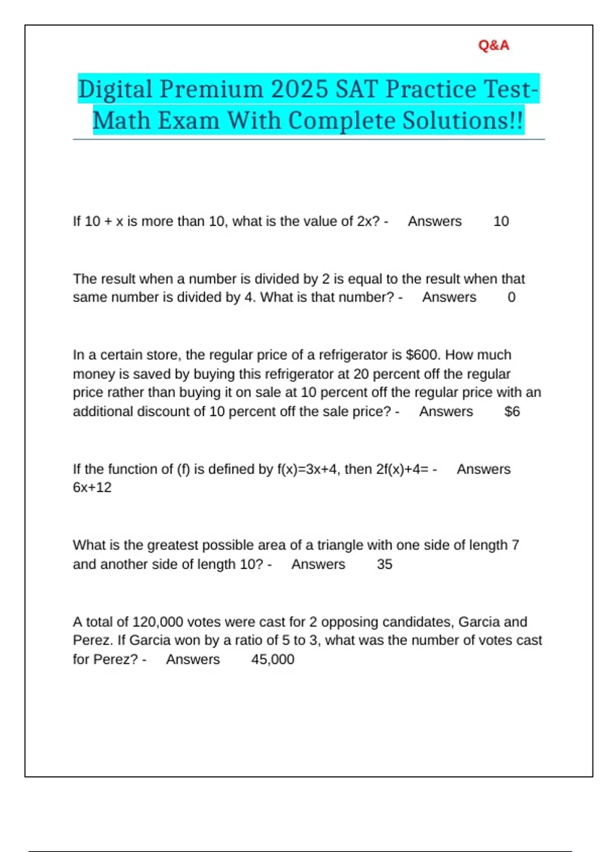 Digital Premium 2025 SAT Practice Test-Math Exam With Complete ...