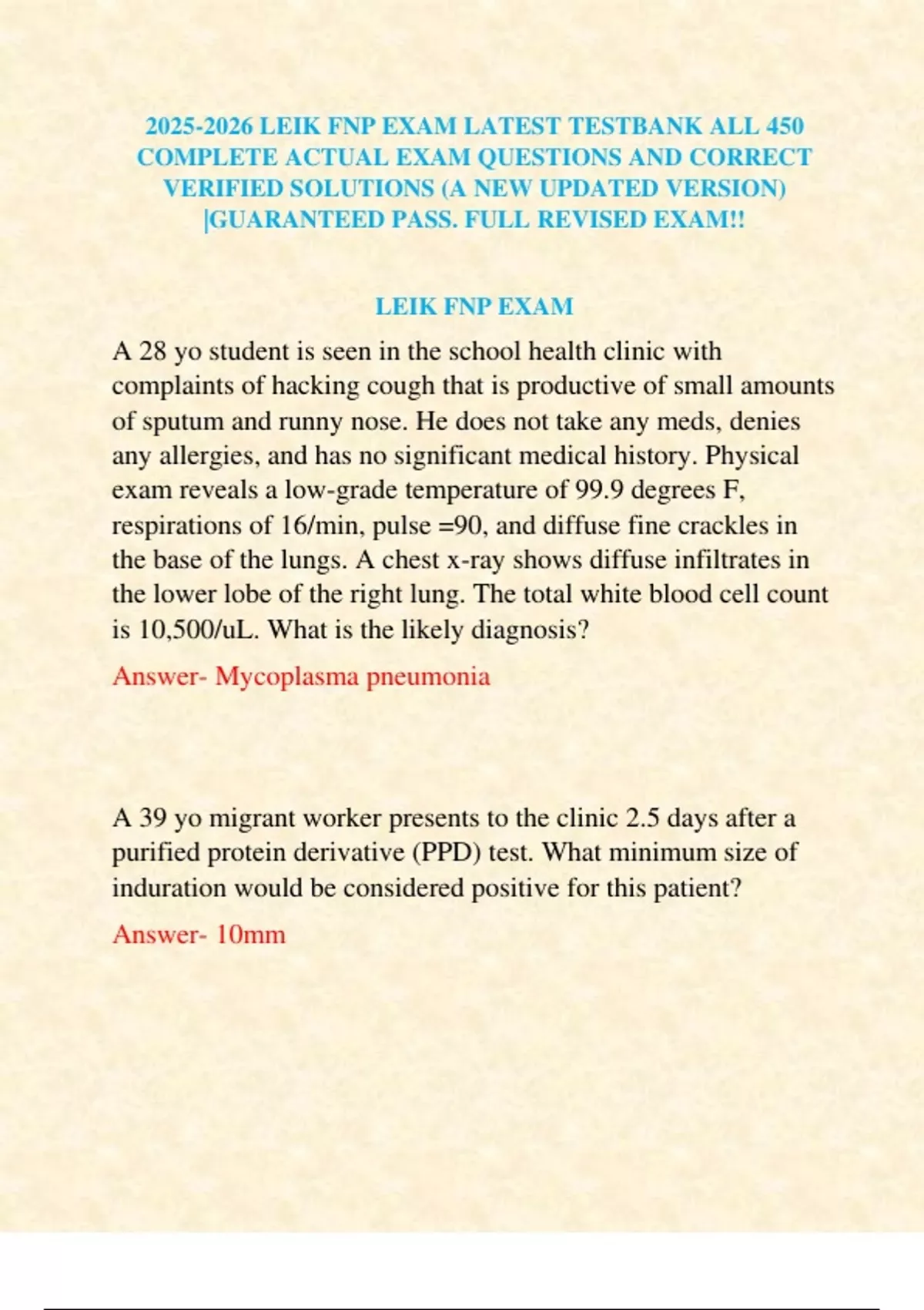 LEIK FNP EXAM LATEST TESTBANK ALL 450 COMPLETE ACTUAL EXAM QUESTIONS ...