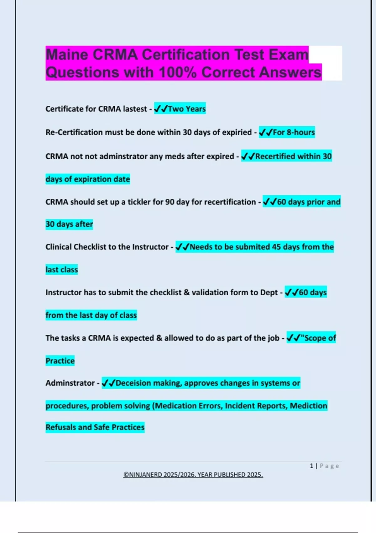 Maine CRMA Certification Test Exam Questions with 100% Correct Answers ...