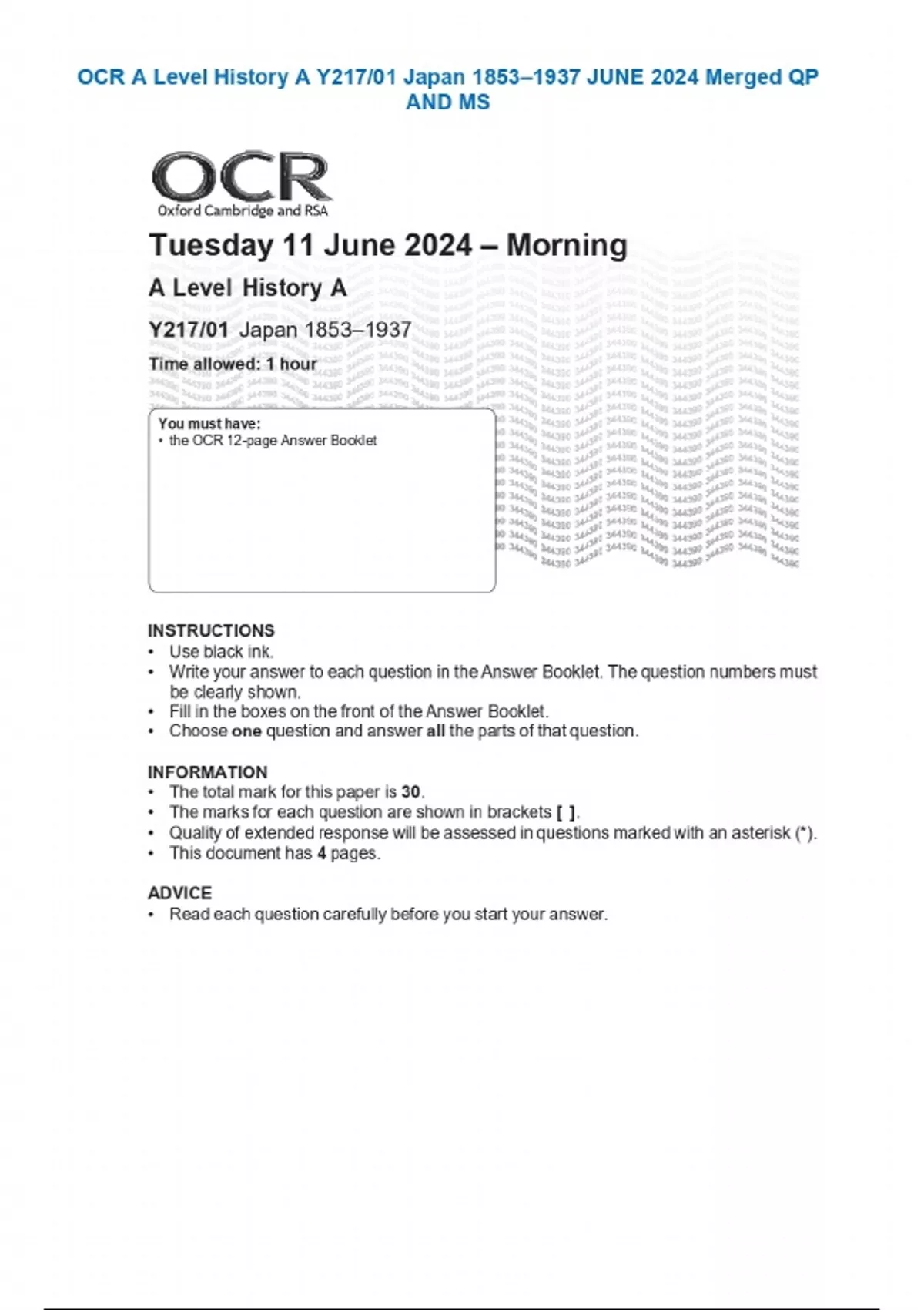 OCR A Level History A Y217/01 Japan 1853–1937 JUNE 2024 Merged QP AND ...