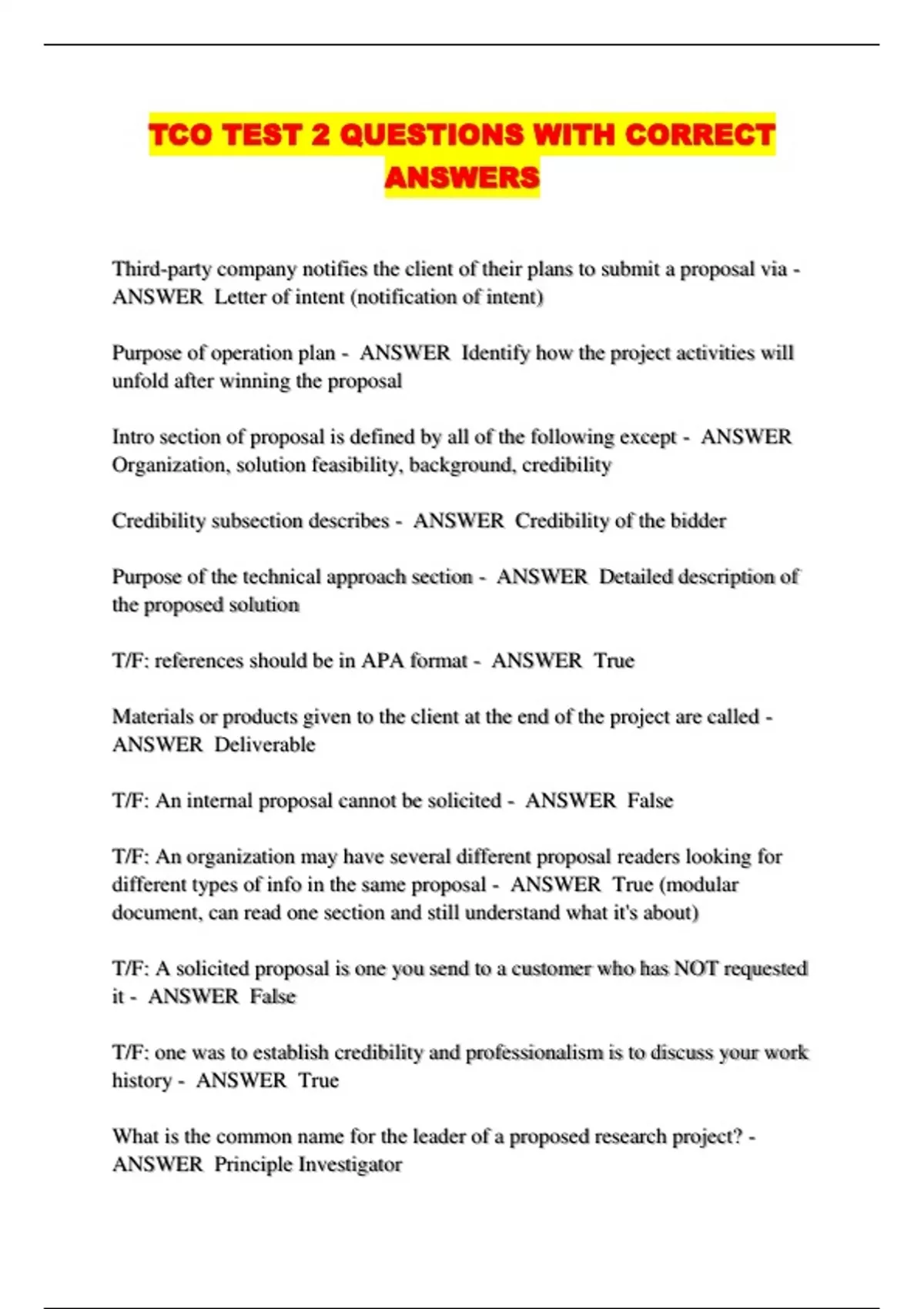 TCO TEST 2 QUESTIONS WITH CORRECT ANSWERS - TCO - Stuvia US