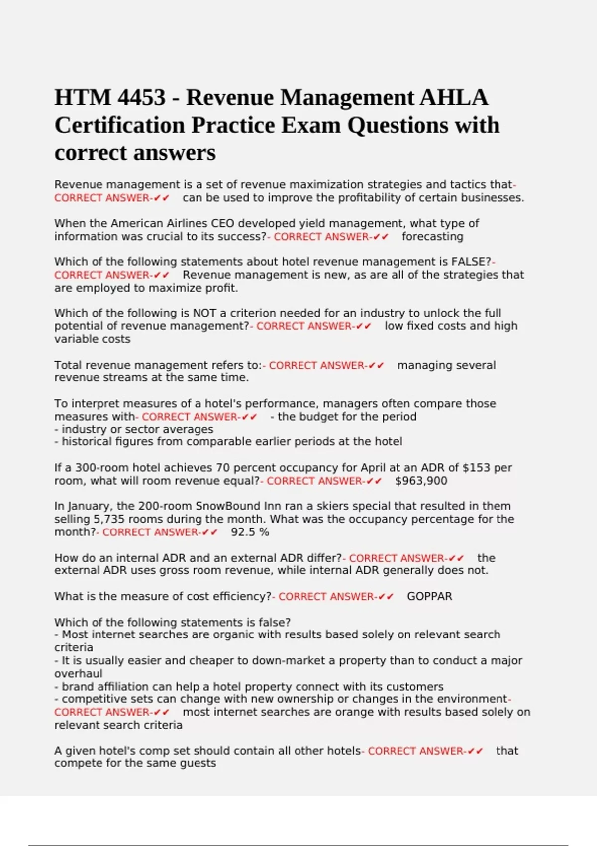 HTM 4453 - Revenue Management AHLA Certification Practice Exam ...