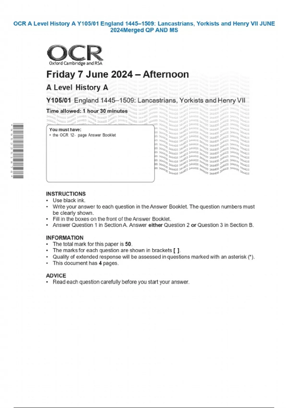OCR A Level History A Y105/01 England 1445–1509: Lancastrians, Yorkists ...