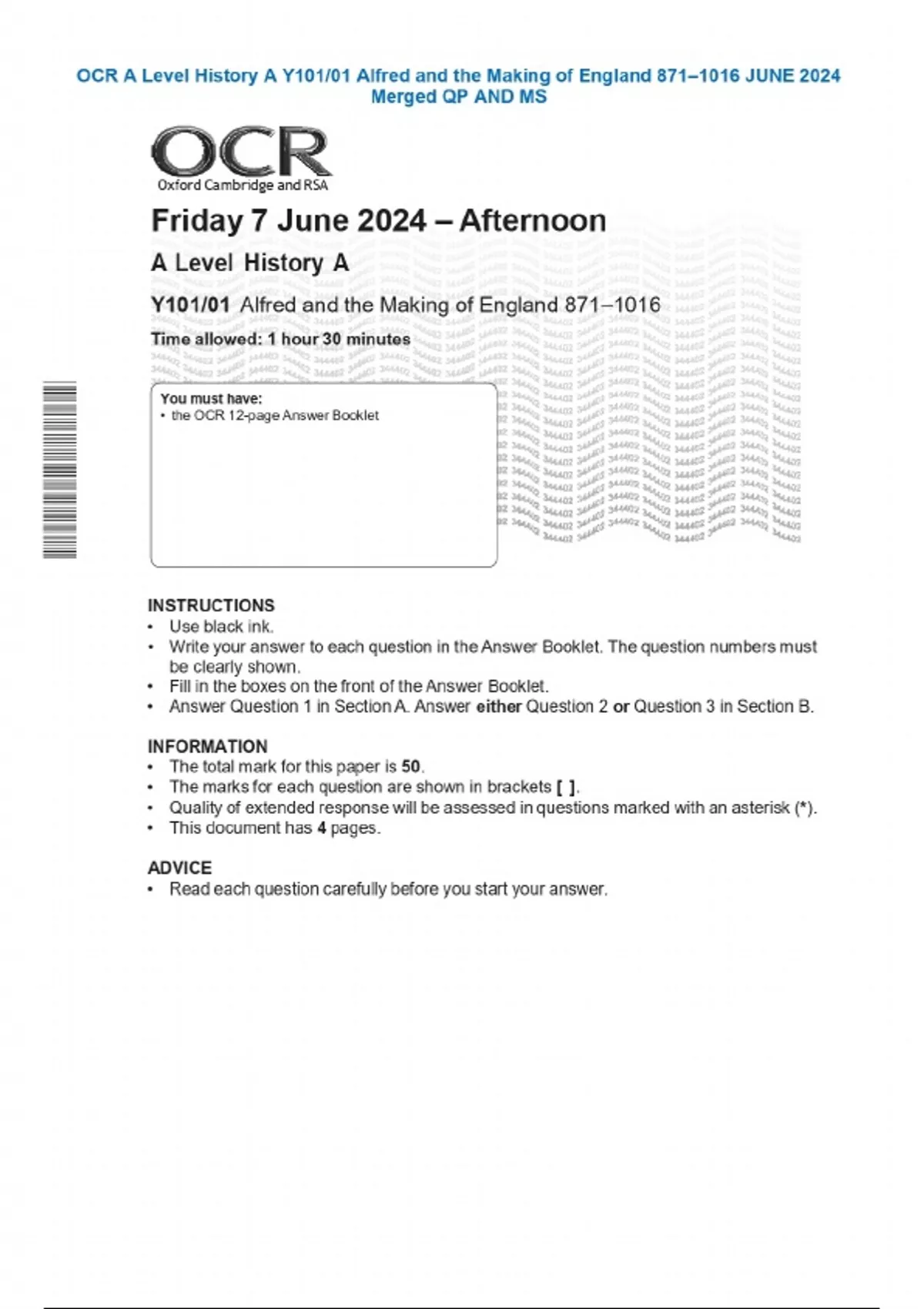 OCR A Level History A Y101/01 Alfred and the Making of England 871–1016 ...