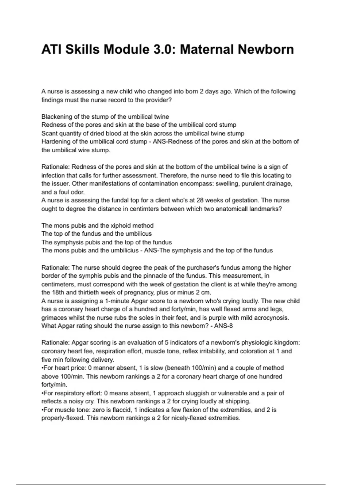 ATI Skills Module 3.0: Maternal Newborn NEWEST 2025/2026 ACTUAL EXAM ...