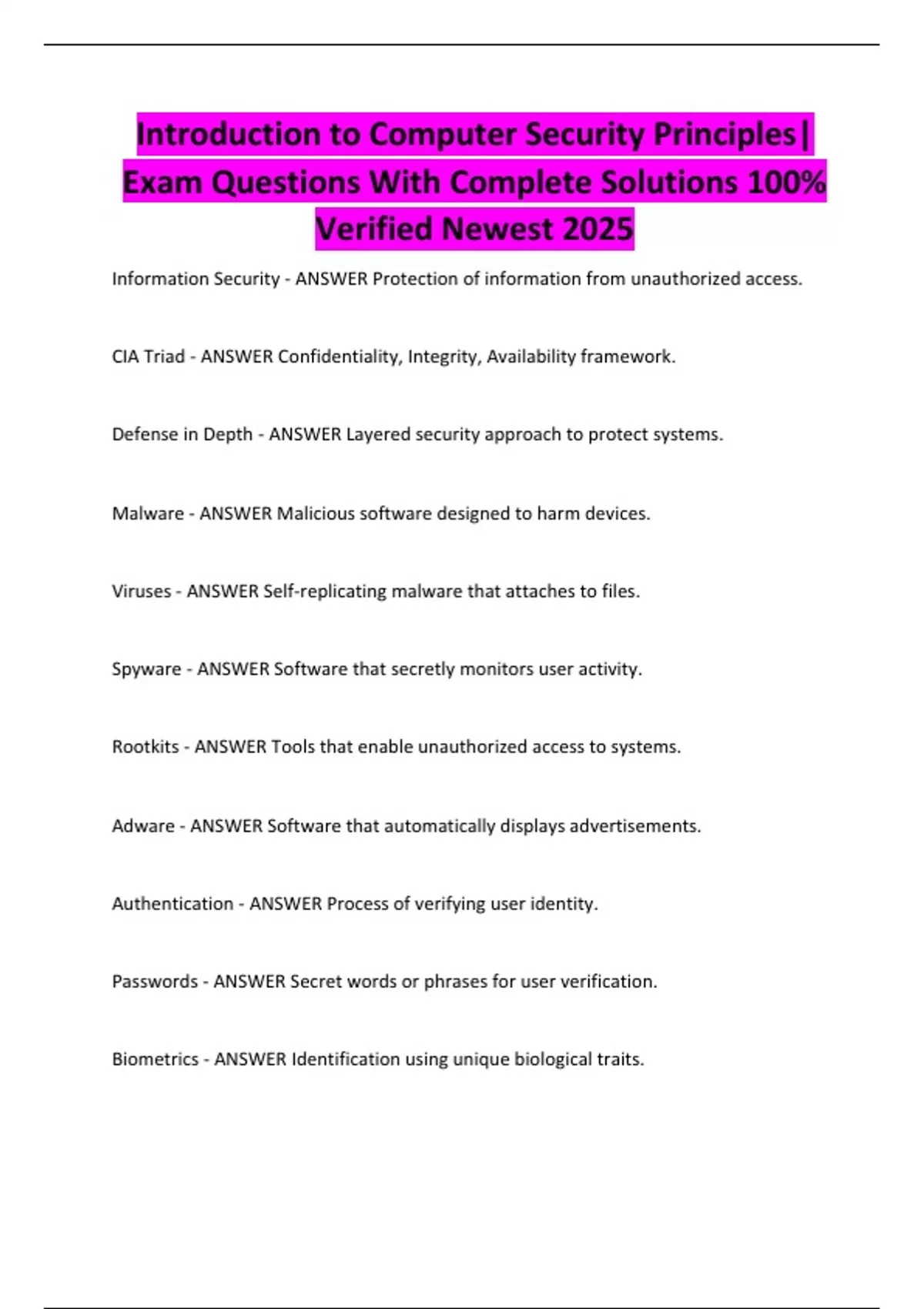 Introduction to Computer Security Principles| Exam Questions With Complete Solutions 100% ...