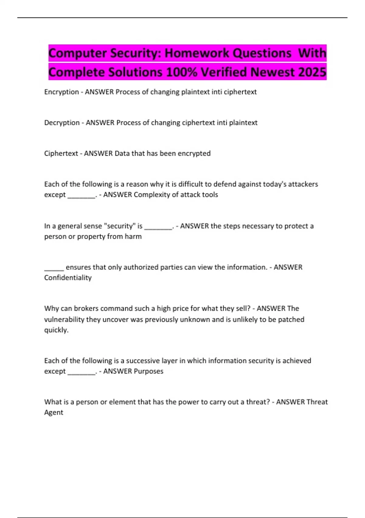 Computer Security: Homework Questions With Complete Solutions 100% ...