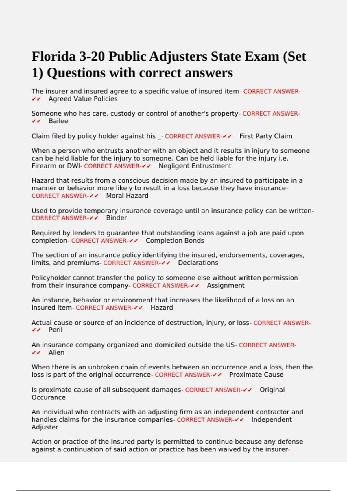 Florida 3-20 Public Adjusters State Exam (Set 1) Questions with correct ...