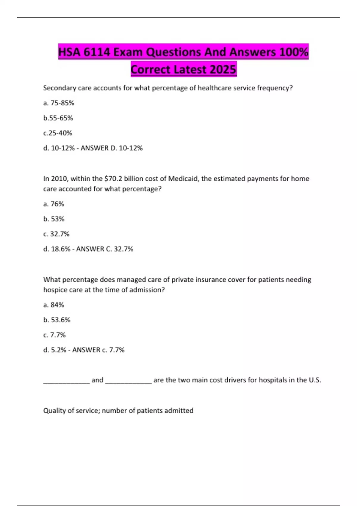 HSA 6114 Exam Questions And Answers 100% Correct Latest 2025 - HSA 6114 ...